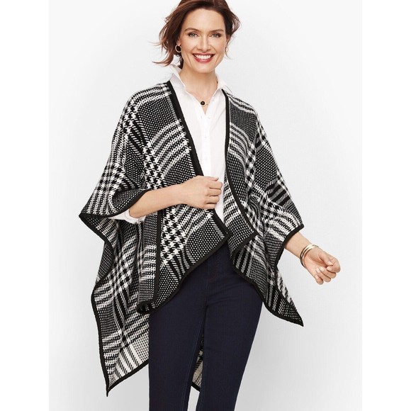 Talbots | Jackets & Coats | Talbots Women Ml Black White Stadium Plaid Wool Blend Sweater Poncho ...